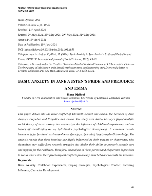 (PDF) Basic Anxiety in Jane Austen’s Pride and Prejudice and Emma