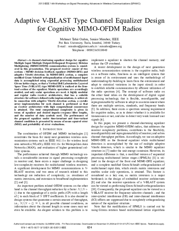 (PDF) Adaptive V-BLAST type channel equalizer design for cognitive MIMO-OFDM radios | Mehmet T ...