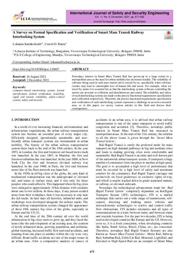 (PDF) A Survey on Formal Specification and Verification of Smart Mass Transit Railway ...