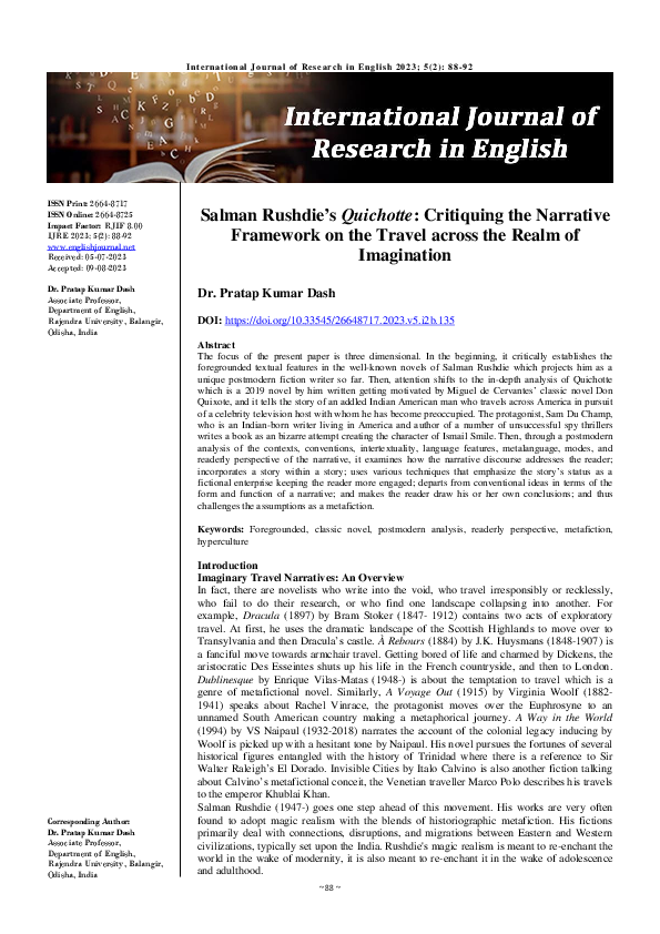 (PDF) Salman Rushdie's Quichotte: Critiquing the Narrative Framework on the Travel across the ...