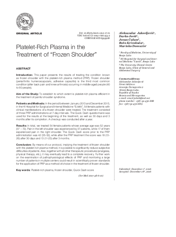 (PDF) Platelet-Rich Plasma in the Treatment of “Frozen Shoulder”