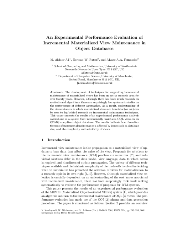 (PDF) An Experimental Performance Evaluation of Incremental Materialized View Maintenance in ...