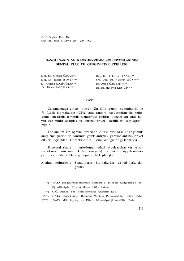 (PDF) Sanguinarin ve Klorhekzidin Solüsyonlarının Dental Plak ve ...