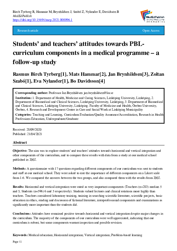 (PDF) Students’ and teachers’ attitudes towards PBL-curriculum components in a medical programme ...