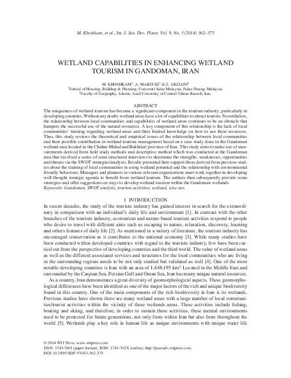 (PDF) Wetland capabilities in enhancing wetland tourism in gandoman, iran