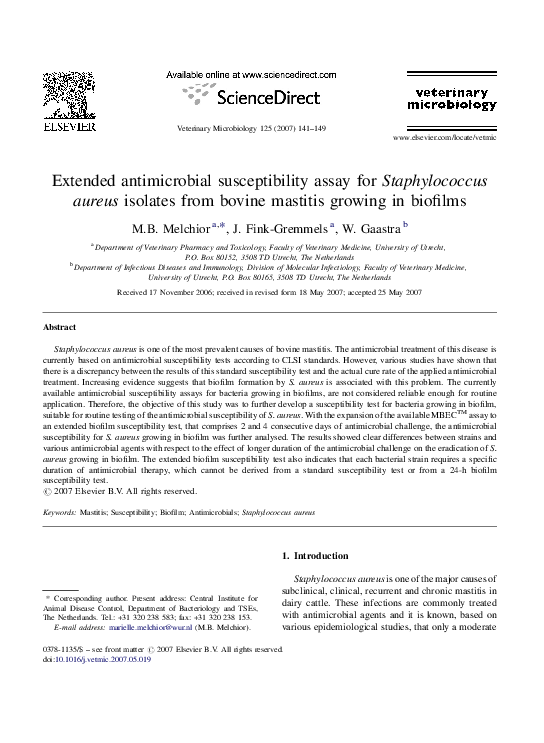Pdf Extended Antimicrobial Susceptibility Assay For Staphylococcus Aureus Isolates From Bovine