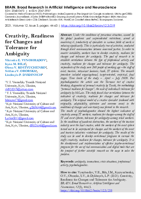 (PDF) Creativity, Readiness for Changes and Tolerance for Ambiguity
