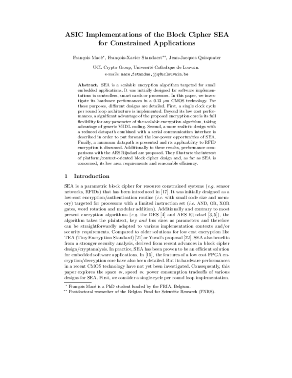 (PDF) ASIC implementations of the block cipher sea for constrained applications