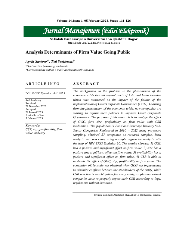(PDF) Analysis Determinants of Firm Value Going Public