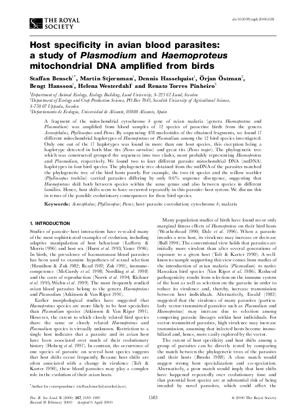 (PDF) Host specificity in avian blood parasites: a study of Plasmodium ...