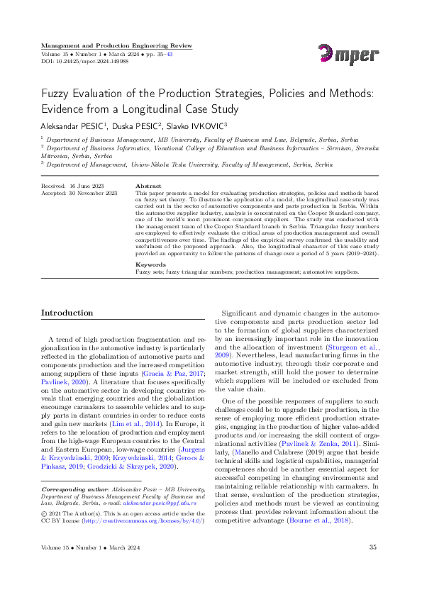 (PDF) Fuzzy Evaluation of the Production Strategies, Policies and Methods: Evidence from a ...