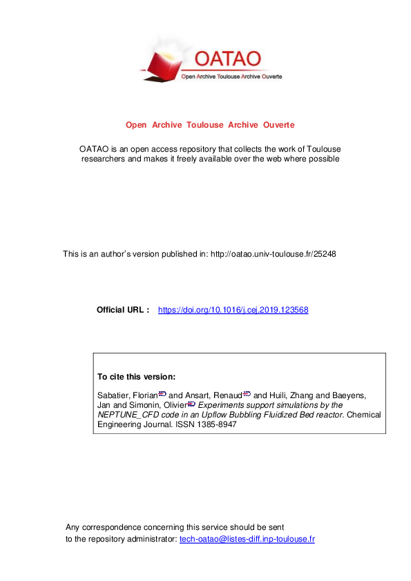 (PDF) Experiments support simulations by the NEPTUNE_CFD code in an Upflow Bubbling Fluidized ...