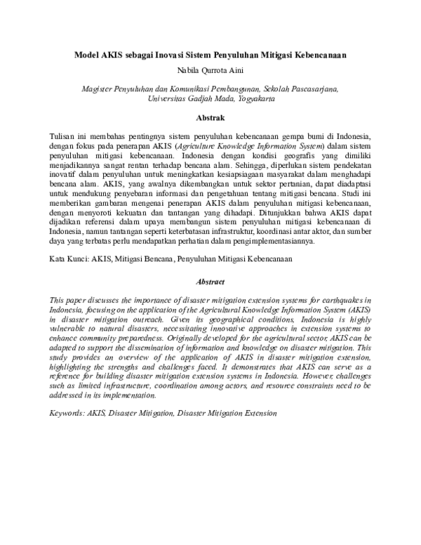 (PDF) Model AKIS sebagai Inovasi Sistem Penyuluhan Mitigasi Kebencanaan