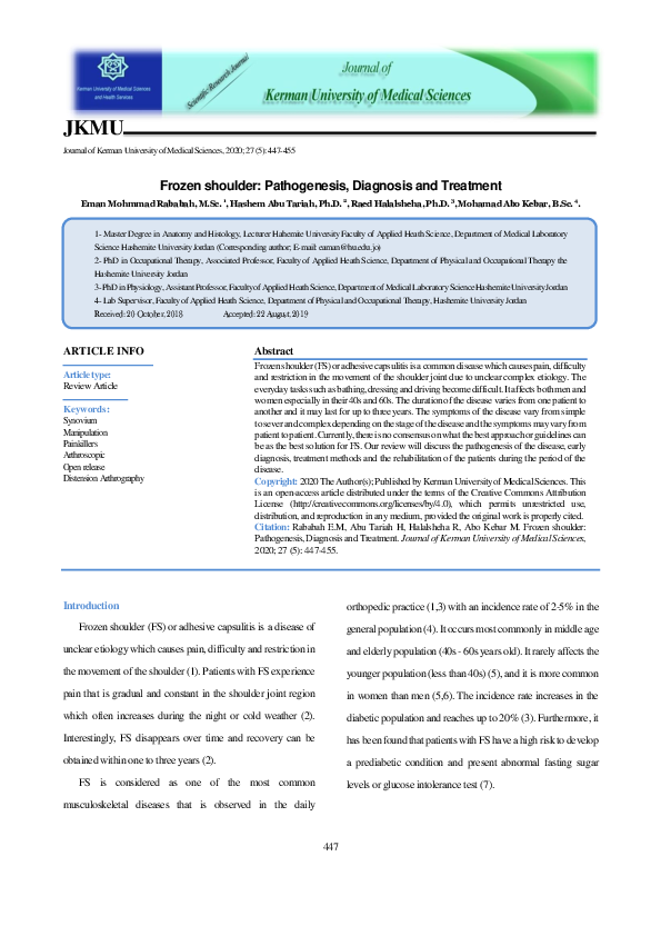 (PDF) Frozen shoulder: Pathogenesis, Diagnosis and Treatment