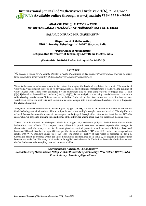 (PDF) • Analysis for Quality of Water of Triveni Lake at Malkapur of ...