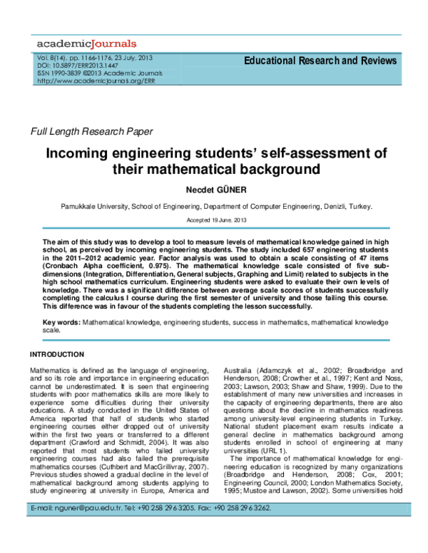(PDF) Incoming engineering students' self-assessment of their mathematical background