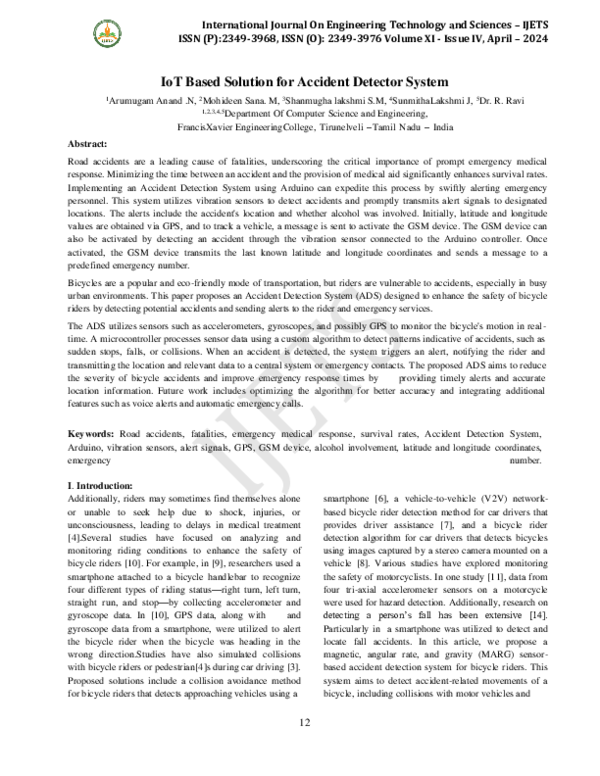 (PDF) IoT Based Solution for Accident Detector System