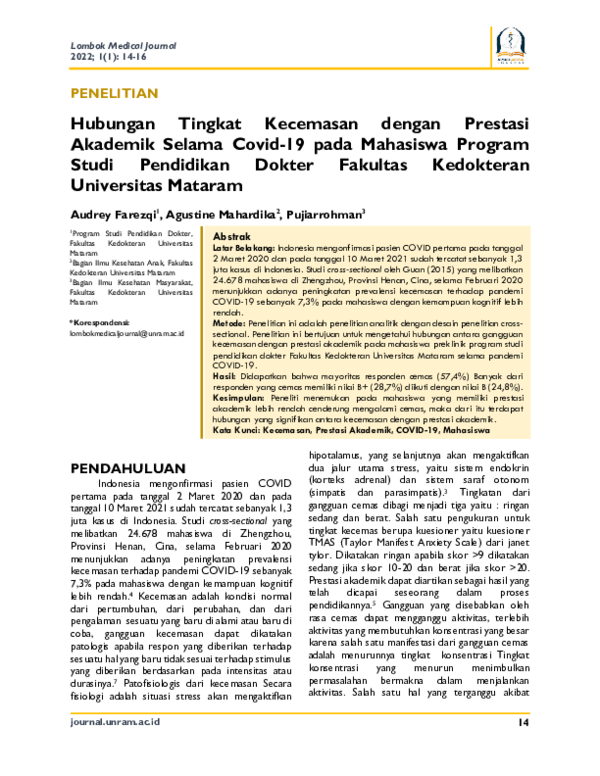 (PDF) Hubungan Tingkat Kecemasan dengan Prestasi Akademik Selama Covid-19 pada Mahasiswa Program ...