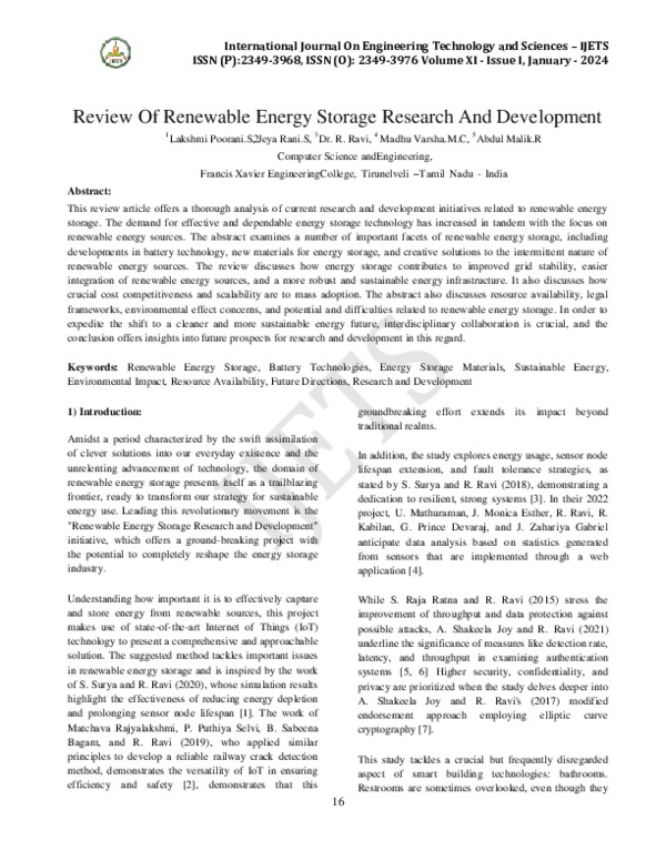 (PDF) Review Of Renewable Energy Storage Research And Development