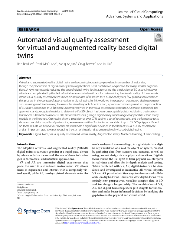 (PDF) Automated visual quality assessment for virtual and augmented reality based digital twins