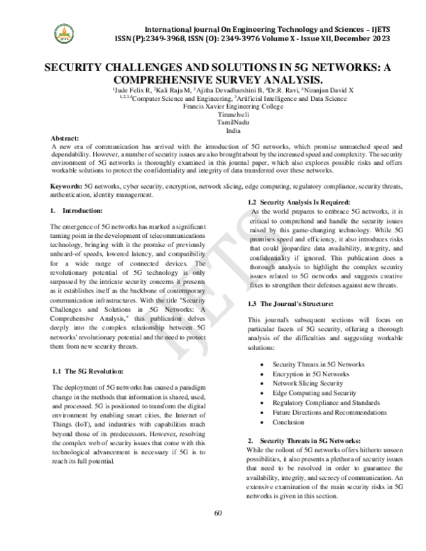 (PDF) SECURITY CHALLENGES AND SOLUTIONS IN 5G NETWORKS: A COMPREHENSIVE SURVEY ANALYSIS