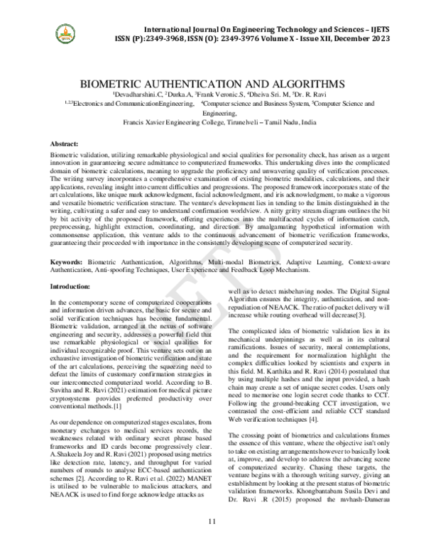 (PDF) BIOMETRIC AUTHENTICATION AND ALGORITHMS