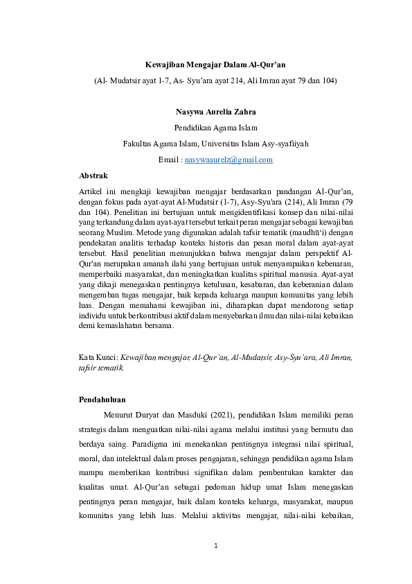 (PDF) Kewajiban Mengajar Dalam Al-Qur'an (Al-Mudatsir ayat 1-7, As-Syu'ara ayat 214, Ali Imran ...
