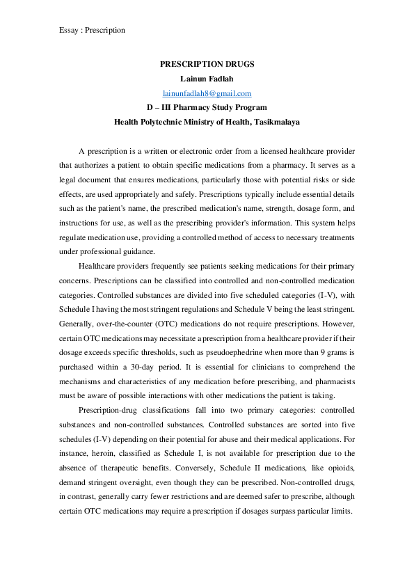(PDF) Essay : PRESCRIPTION DRUGS