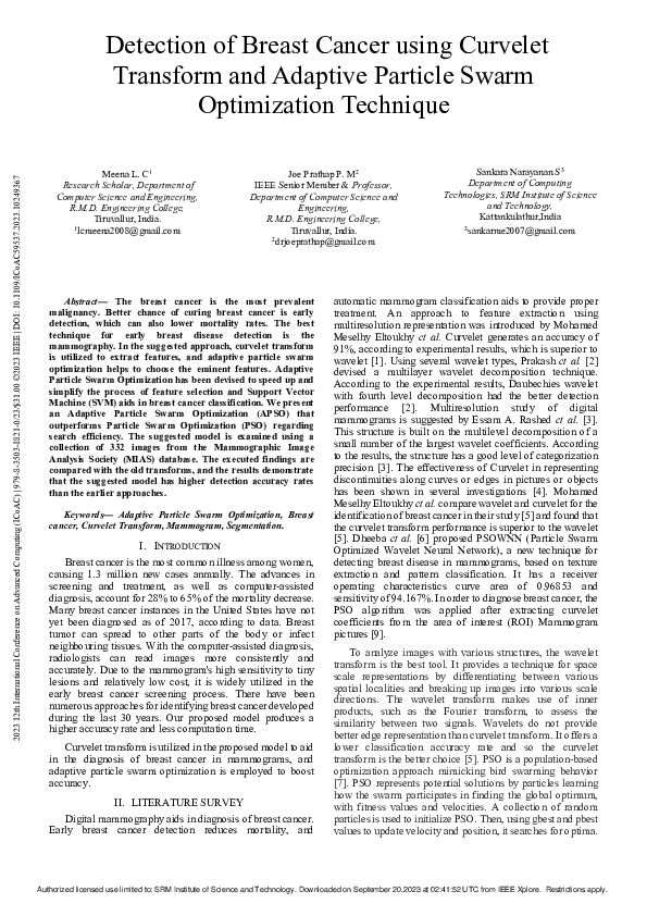 (PDF) Detection of Breast Cancer using Curvelet Transform and Adaptive Particle Swarm ...