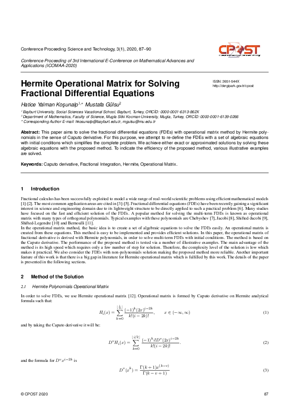 Pdf Hermite Operational Matrix For Solving Fractional Differential Equations