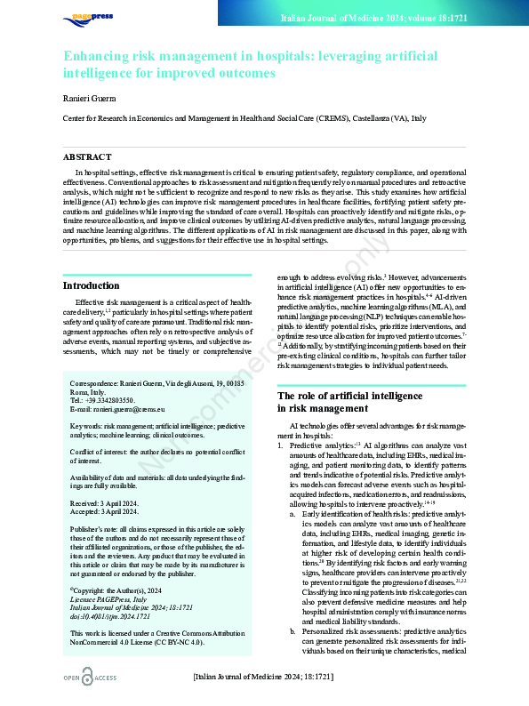 (PDF) Enhancing risk management in hospitals: leveraging artificial intelligence for improved ...