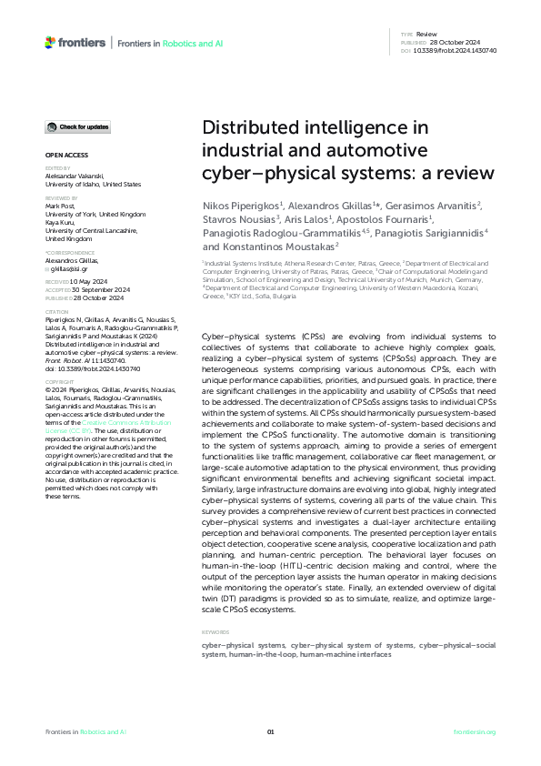 (PDF) Distributed intelligence in industrial and automotive cyber–physical systems: a review