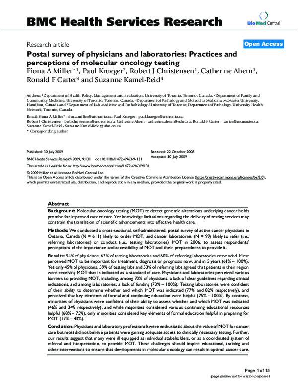 (PDF) Postal survey of physicians and laboratories: Practices and perceptions of molecular ...
