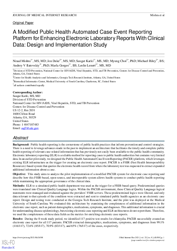 (PDF) Modified Public Health Automated Case Event Reporting (PACER ...