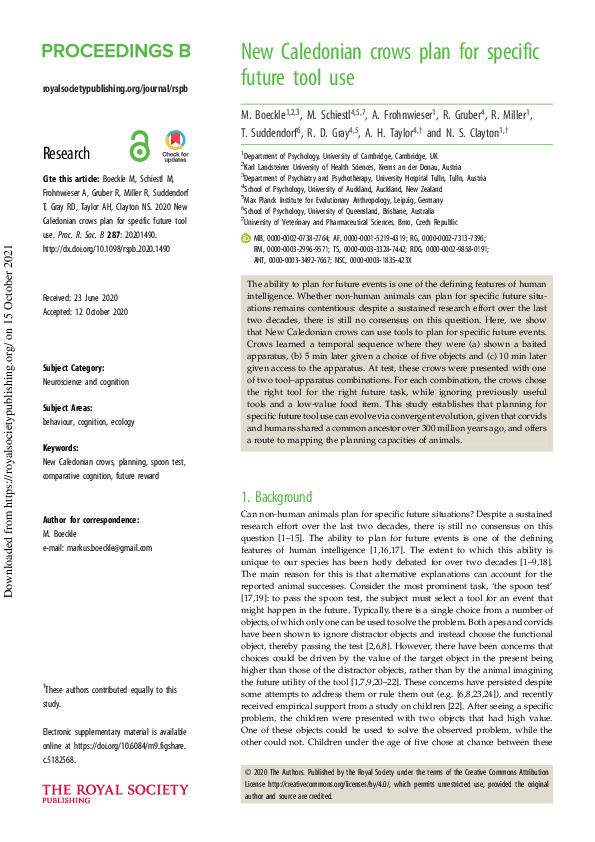 (PDF) New Caledonian crows plan for specific future tool use