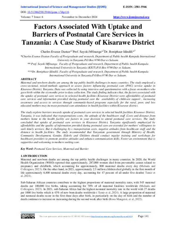 (PDF) Factors Associated With Uptake and Barriers of Postnatal Care ...