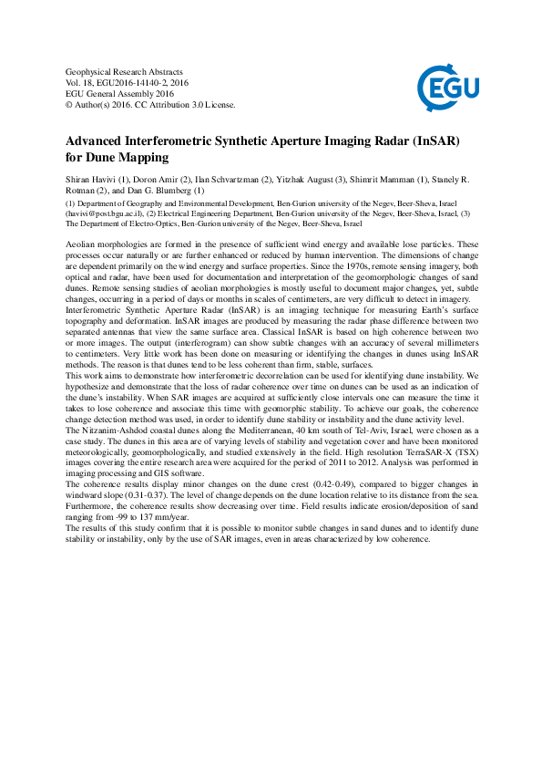 (PDF) Advanced Interferometric Synthetic Aperture Imaging Radar (InSAR) for Dune Mapping