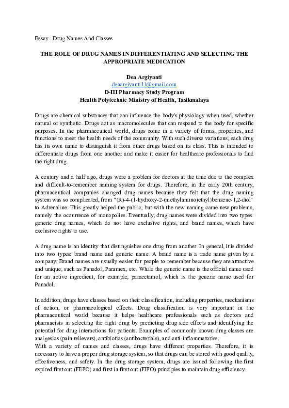 (PDF) THE ROLE OF DRUG NAMES IN DIFFERENTIATING AND SELECTING THE ...