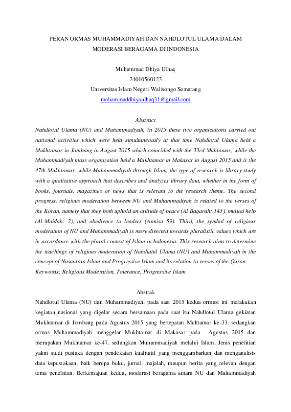 (PDF) PERAN ORMAS MUHAMMADIYAH DAN NAHDLOTUL ULAMA DALAM MODERASI ...