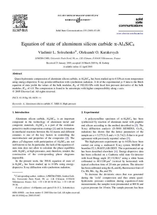 (PDF) Equation of state of aluminum silicon carbide α-Al4SiC4