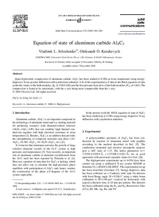 (PDF) Equation of state of aluminum carbide Al4C3