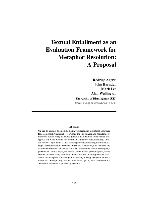 (PDF) Textual entailment as an evaluation framework for metaphor resolution