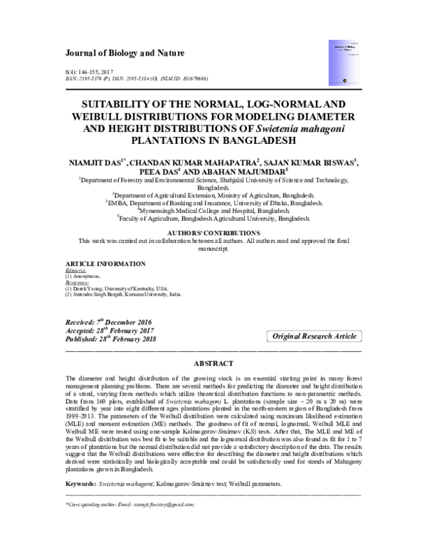 (PDF) Suitability of the normal, log-normal, and Weibull distributions for modeling diameter and ...