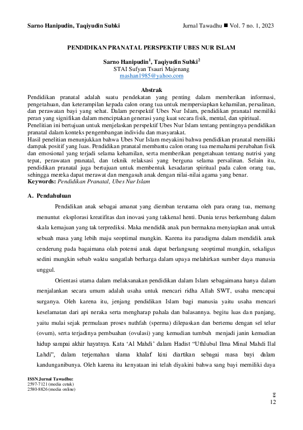 (PDF) Pendidikan Pranatal Perspektif Ubes Nur Islam