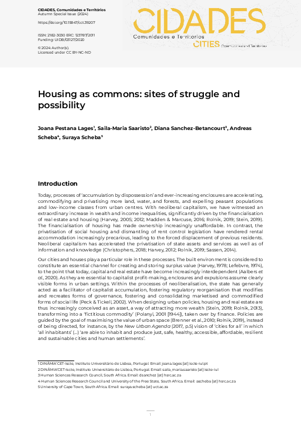 (PDF) Housing as commons: sites of struggle and possibility