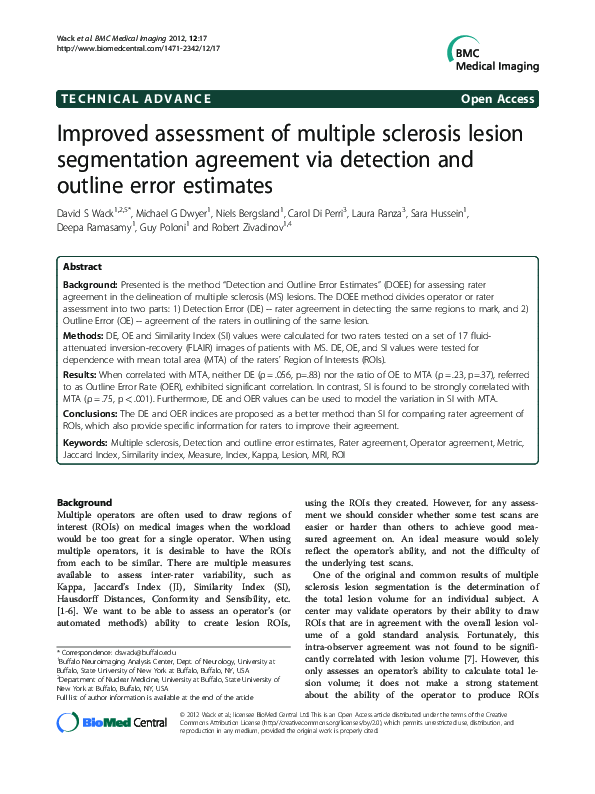 (PDF) Improved assessment of multiple sclerosis lesion segmentation agreement via detection and ...