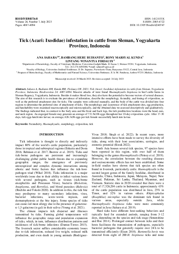 (PDF) Tick (Acari: Ixodidae) infestation in cattle from Sleman ...