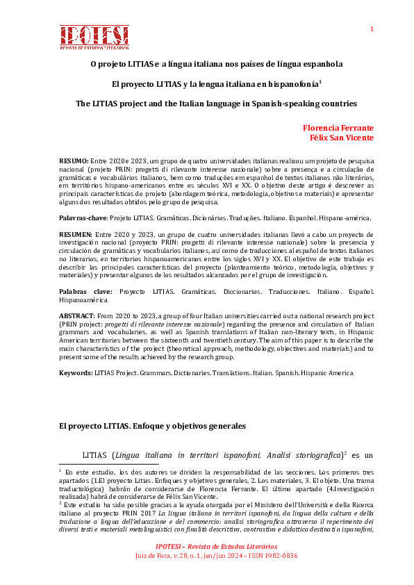 (PDF) El proyecto LITIAS y la lengua italiana en hispanofonía