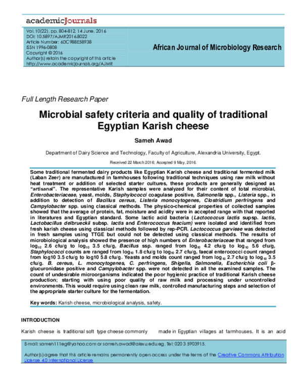 (PDF) Microbial safety criteria and quality of traditional Egyptian ...
