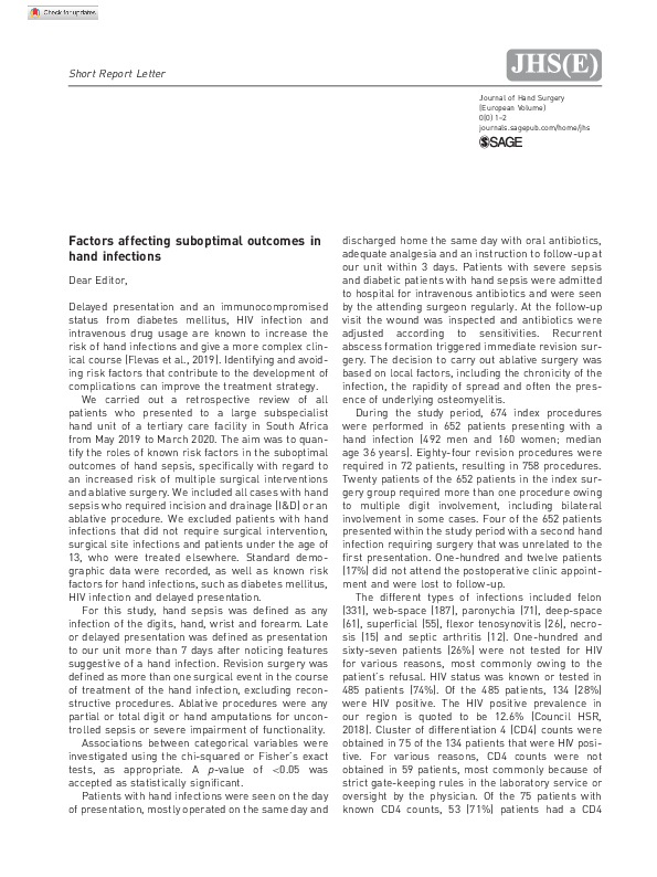 (PDF) Factors affecting suboptimal outcomes in hand infections
